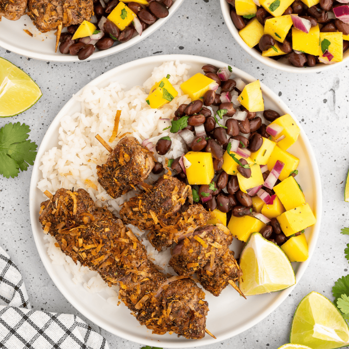 Air Fryer Jerk Pork Skewers with Black Bean Mango Salsa (Ready in 30 ...